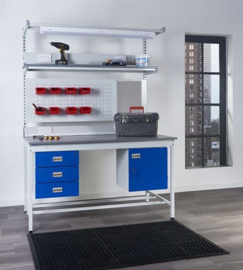 SQUARE TUBE WORKBENCHES - Beech Worktop - Silvermans Office Furniture